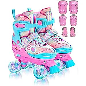 Sportneer Kids Roller Skates, Roller Skates with Protective Gear Set, Adjustable Roller Skates with 8 Light up Wheels, for Girls Kids Youth Beginner Indoor & Outdoor Use (1pair)