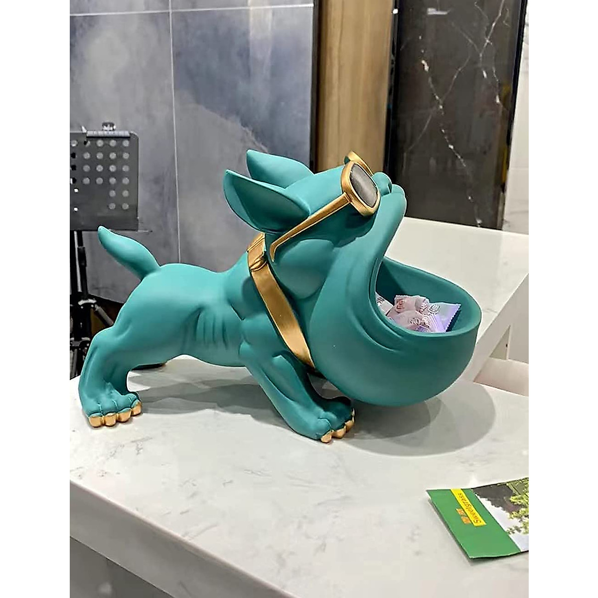 CUZOKOLA Large Size Cute French Bulldog Gifts Statue Animal Blue Turquoise Dog Candy Dish Modern Candy Bowls for Office Desk Big Mouth Storage Resin Figurine for Home Decor with Gold Glasses Frame Key