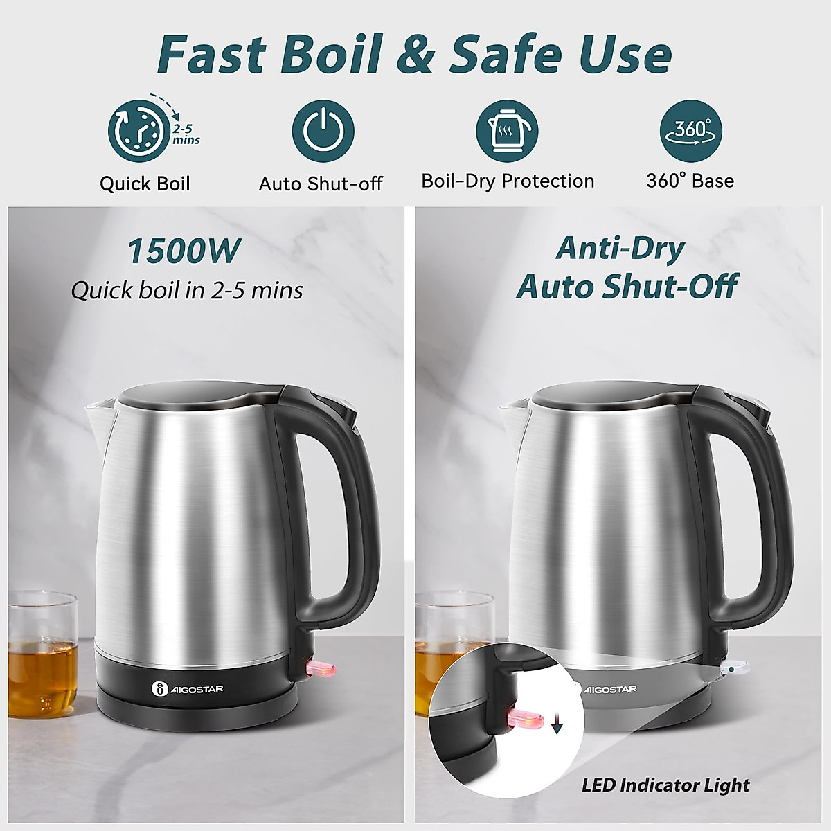 Aigostar Electric Kettle, 1.7L Stainless Steel Electric Tea Kettle, 1500W Fast Boil Water Kettle with LED Light, Auto Shut Off & Boil Dry Protection, BPA-Free Water Boiler for Tea and Coffee, Sliver