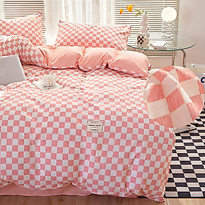 Pink Bedding Checkered Duvet Cover Set Twin, Soft 100% Washed Cotton Grid Plaid Duvet Cover Set, 4PCS 1 Quilt Cover+2 Pillow Covers+1 Flat Sheet, Checkered Cover Set Bedding Sets Collections