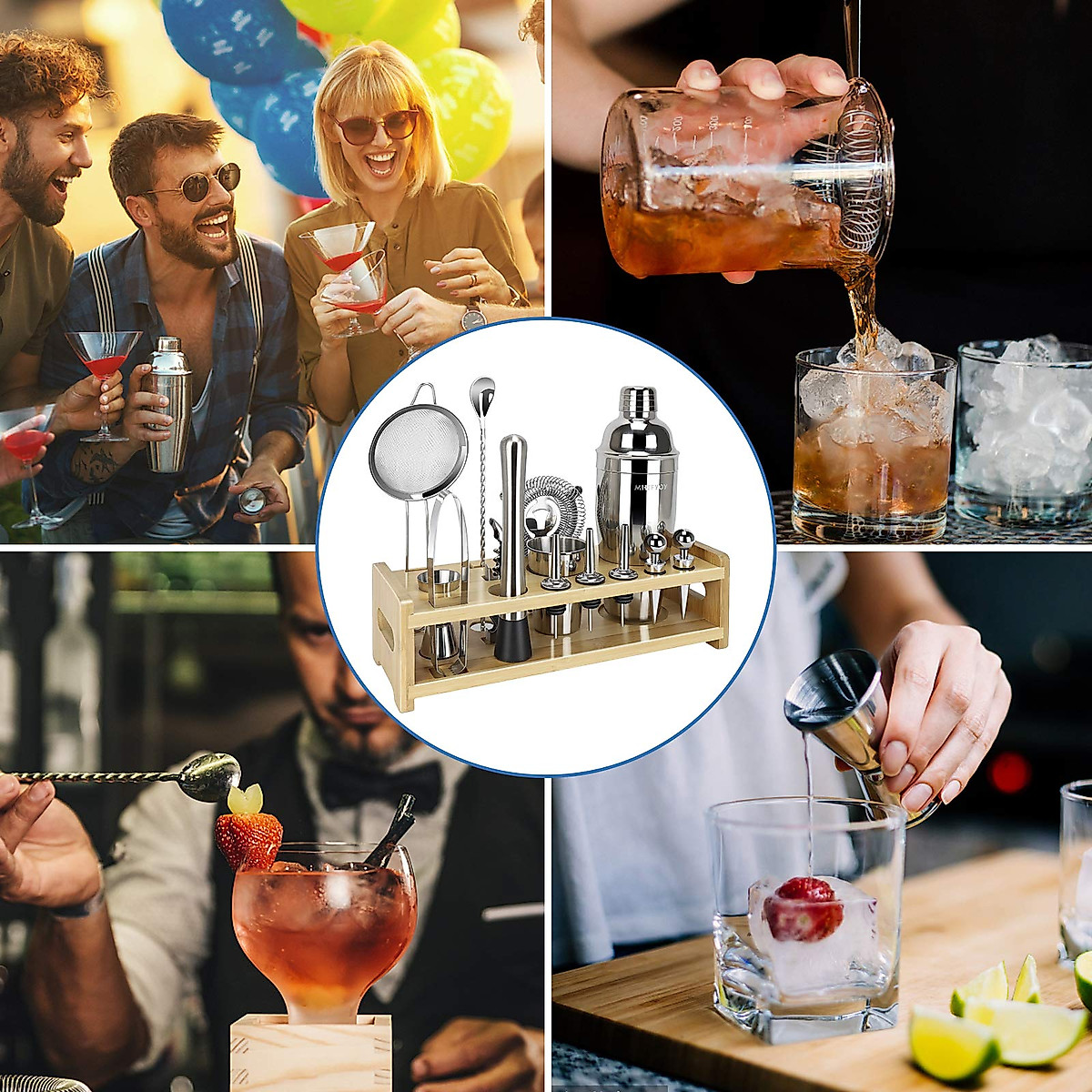 24-Piece Cocktail Shaker Set - MHIFYOY Bartender Kit - Stainless Steel Martini Mixer Bar Tools with Bamboo Stand, Ideal Gift Pack & Fine Mesh Strainer(Silver)