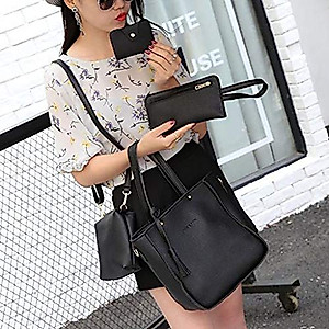 Anfushi Women Four Set Handbag Shoulder Bags, Handbag Shoulder Bag+Crossbody Bag+Wallet+ Card Purse Tote, PU Leather Multi Pocket Black