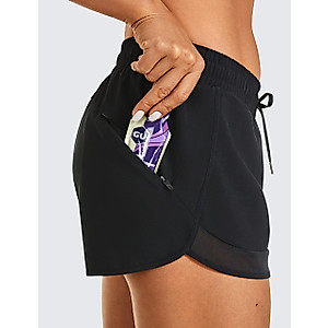 CRZ YOGA Women's Mid Rise Running Shorts Mesh Liner 3'' - Quick Dry Drawstring Workout Athletic Gym Shorts Zip Pocket Black Large