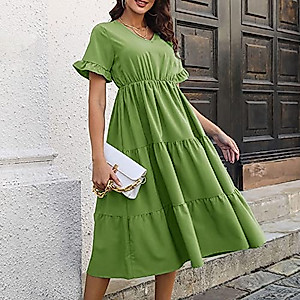 YMUQEIGH Summer Dresses for Women Dressy Casual Ruffle Short Sleeve Swing Dress Solid Color V-Neck Sundress Elegant Dress Green