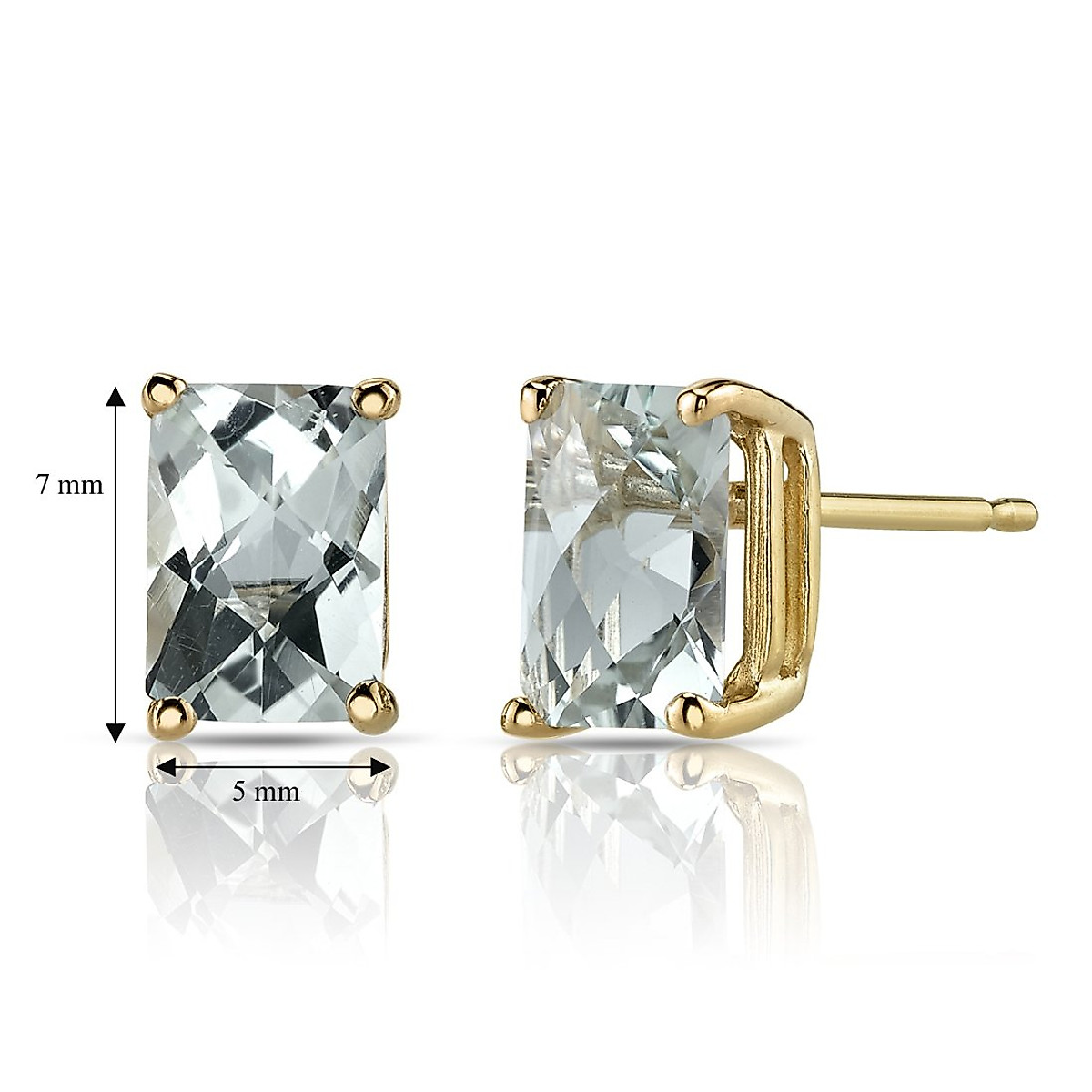 Peora Green Amethyst Earrings for Women in 14 Karat Yellow Gold, Classic Solitaire Studs, 7x5mm Radiant Cut, 1.75 Carats total, Friction Back