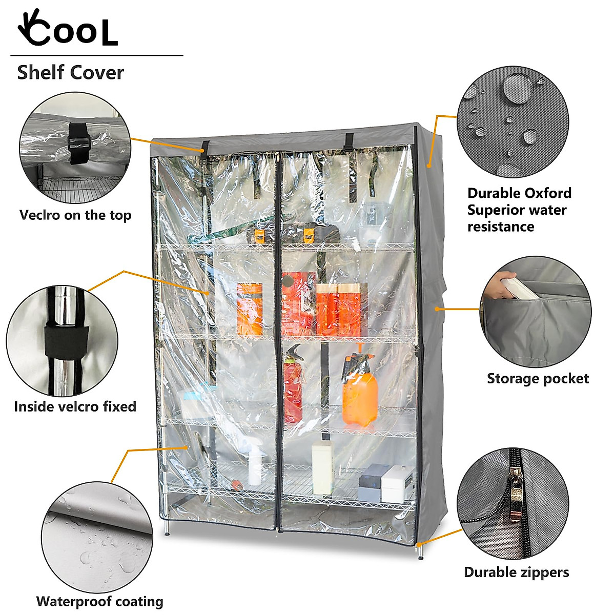 okcool Waterproof Shelf Cover,600D Heavy Duty Wire Shelving Unit Cover,Shelf Display Rack Protector Cover with Zipper,One Side See Through Panel.(Grey,Fits 48" Wx18 Dx72 H Shelves)