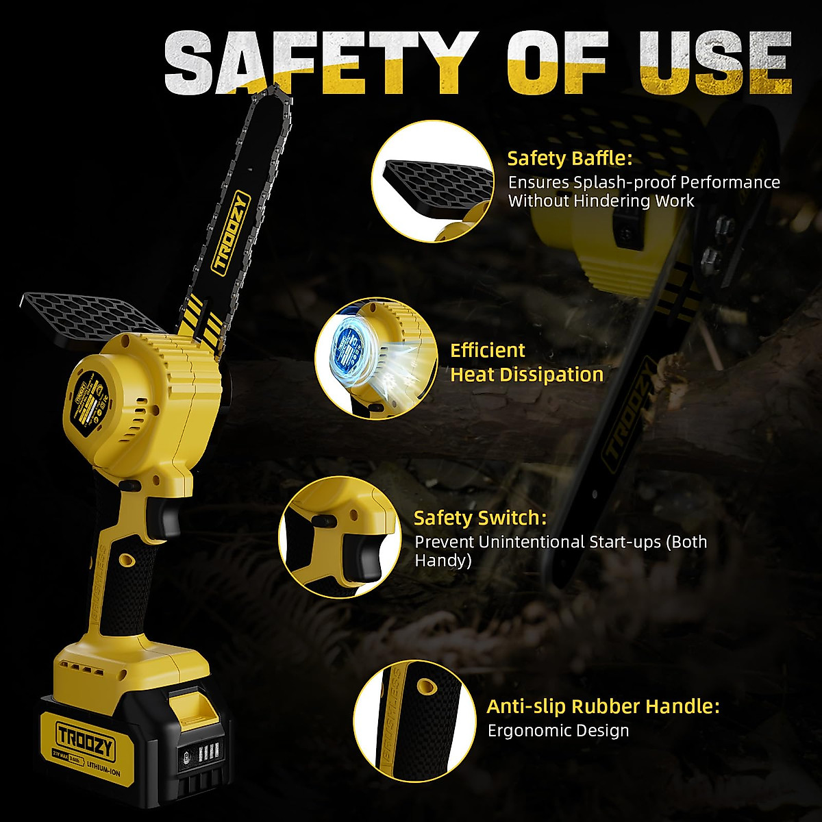 TROOZY Mini Chainsaw Cordless 6 Inch 3000mAh Battery Powered Electric Brushless Handheld Chain Saws, Up To 100minX2 21V, Saw Pruning Shears Chainsaw for Tree Branches,Courtyard,Household and Garden