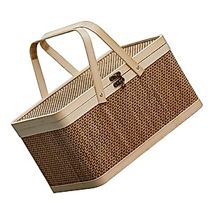 Gadpiparty Large Bamboo Basket Natural -Friendly Woven Basket Bamboo Picnic Basket with Lid Handheld Snacks Bread Storage Basket for Camping - 11.79X7.86X6.48inch