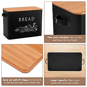 P&P CHEF Black Bread Box for Kitchen Counter, Metal Bread Storage Bin with Bamboo Cutting Lid, Large Capacity for Holding 2+ Loaves, Retro Modern Style, Size 13” x 7.2” x 9.7”