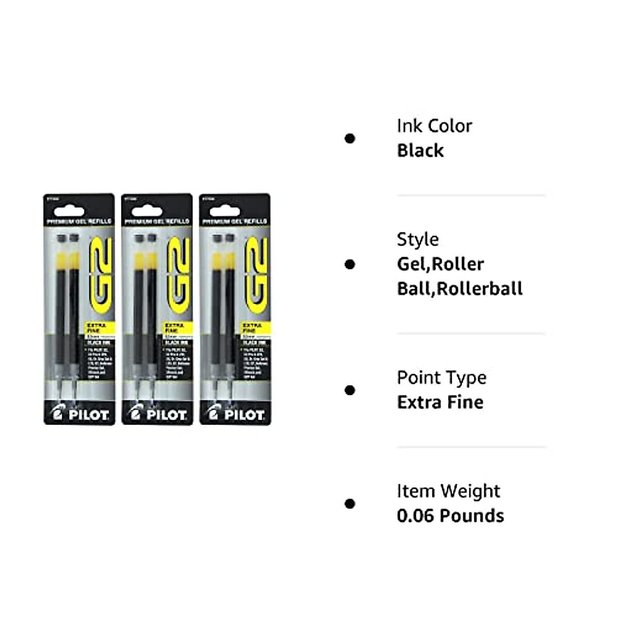 Pilot G2, Dr. Grip Gel/Ltd, ExecuGel G6, Q7 Rollerball Gel Ink Pen Refills, 0.5mm, Extra Fine Point, Black Ink, Pack of 6