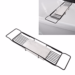 Zerodis Bathtub Caddy Tray, Non Slip Stainless Steel Bath Tub Rack with Marble Expandable Bath Shelf for Candle Towel Book Wine Phone (Black White)