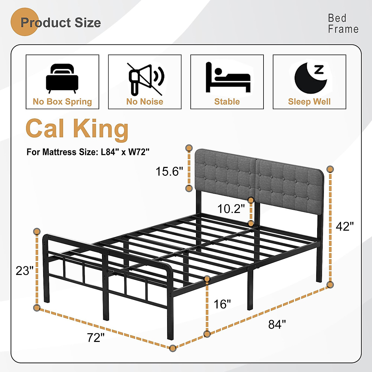 EMODA 16 Inch California King Bed Frames with Upholstered Headboard and Metal Footboard, Heavy Duty Metal Slats Support Mattress Foundation, No Box Spring Needed, Easy Assembly