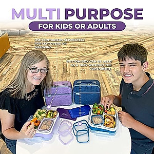 Stainless Steel Bento Lunch Box for Adults Kids with Ice Pack Insulated Lunch Bag, Leak-Proof Snack Boxes, Metal and Plastic Portion Control School Lunch Containers, 4 Compartments, 36 oz Lilac Purple