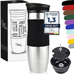 Milu Thermo Mug Insulated Cup Coffee & Tea Mug to go - 370ml, 450ml 100% leak proof - Stainless Steel Drinking Mug - vacuum insulation flask - Hot & Cold - Travel Mug (Black, 12oz (370ml))
