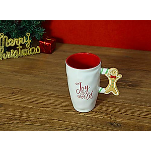 Joy To The World - Christmas Themed Ceramic Glossy 17 oz Mug With Large Gingerbread Man Handle (Microwave and Dishwasher Safe)