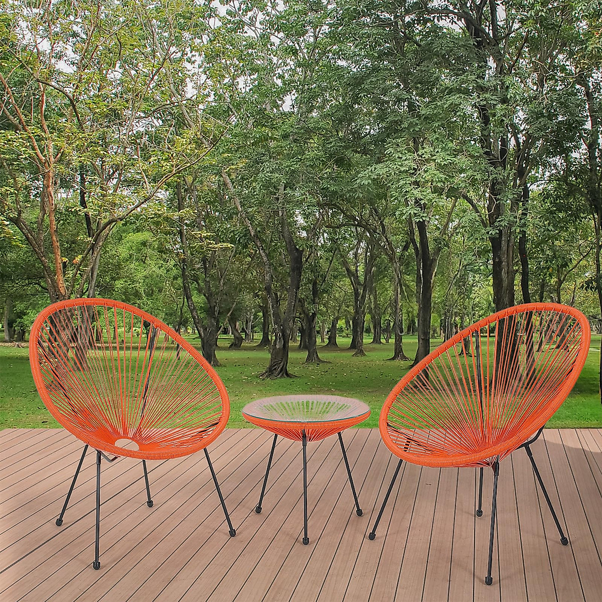 Magshion 3-Piece Outdoor Patio Furniture, Acapulco Chairs Patio Cafe Set with Glass Top Table and Chairs, Weather-Resistant Outdoor Furniture for Backyard Porch Garden, Orange