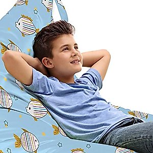 Ambesonne Cartoon Lounger Chair Bag, Childish Fishes Swimming Underwater Stars Pastel Colors Print, High Capacity Storage with Handle Container, Lounger Size, Sky Blue and Pale Coffee