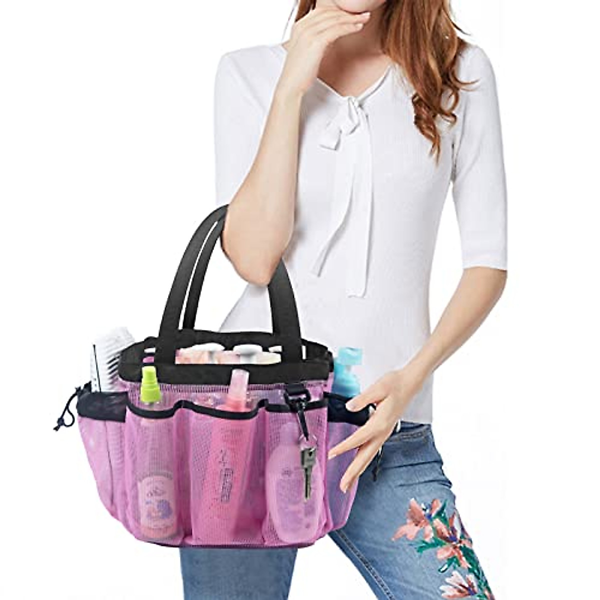 Moyad Large Mesh Shower Caddy Tote Large Tote Bag Beach Bag Hanging Travel Shower Caddy Portable Cleaning Caddy Shower Organizer Camping Accessories College Dorm Room Essentials for Girls Women, Pink