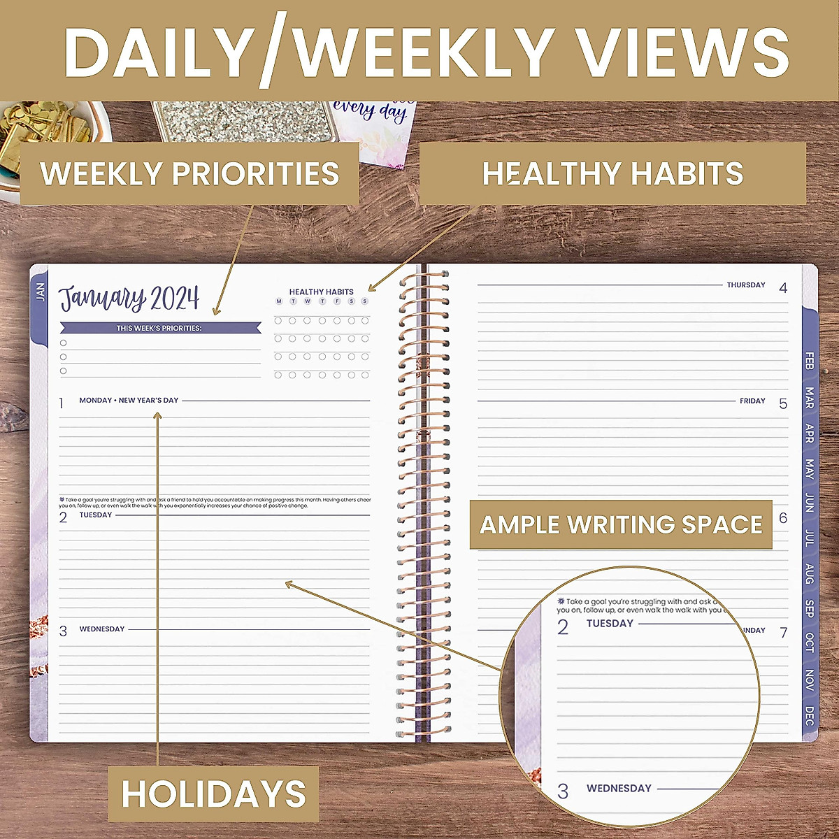 bloom daily planners 2024 (8.5" x 11") Calendar Year Day Planner (January 2024 - December 2024) - Weekly/Monthly Dated Agenda Organizer with Tabs - Daydream Believer, Lavender