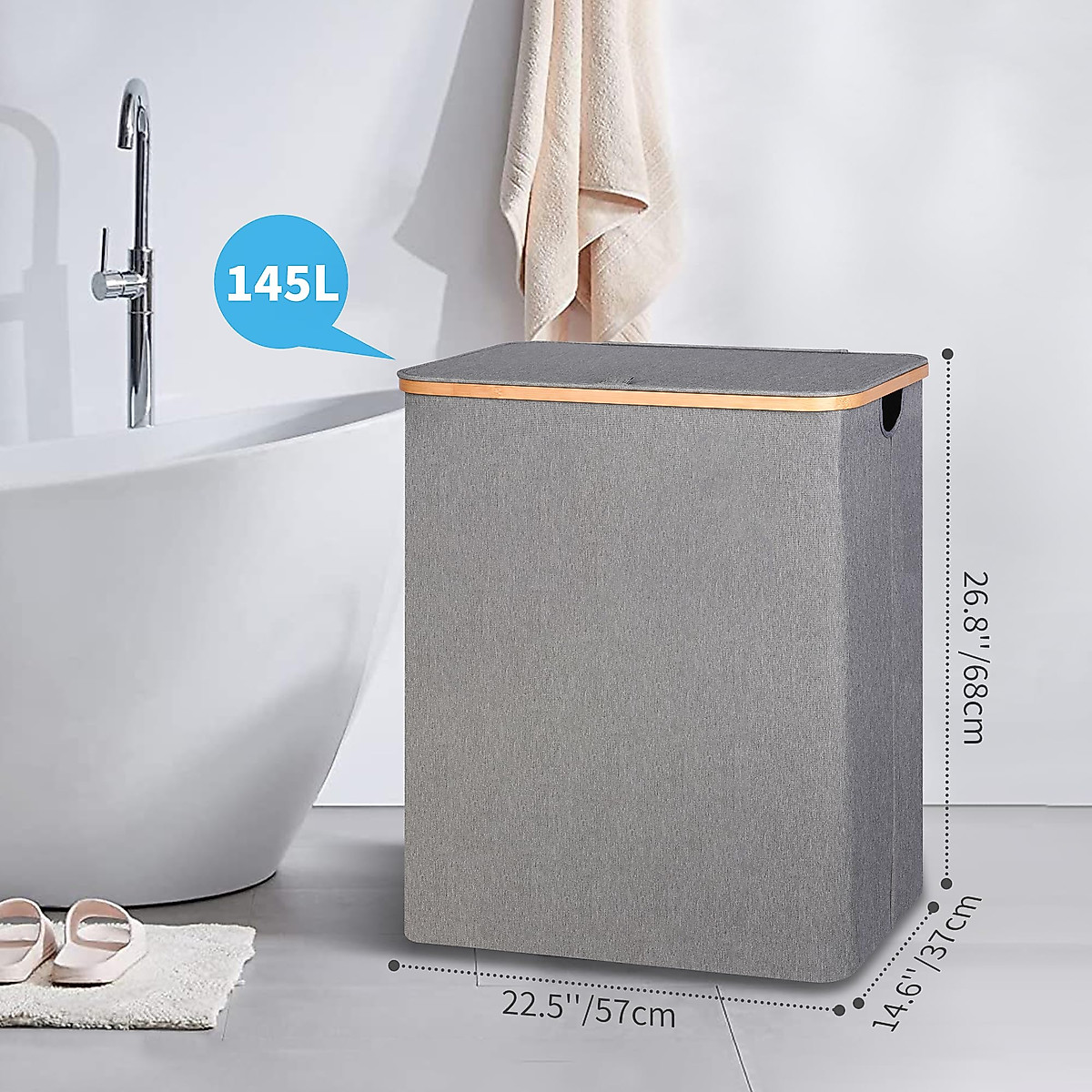 efluky Extra Large Laundry Basket with Lid, 145L Single Basket without Inner Bag for Clothes and Toys, Freestanding Collapsible Hamper for Bedroom Bathroom, Grey