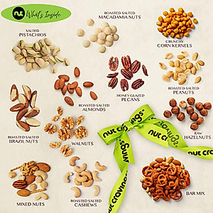 NUT CRAVINGS Gourmet Collection - Purim Mishloach Manot Mixed Nuts Gift Basket in Reusable Diamond Wooden Tray + Green Ribbon (12 Assortments) Arrangement Platter, Healthy Kosher Corporate