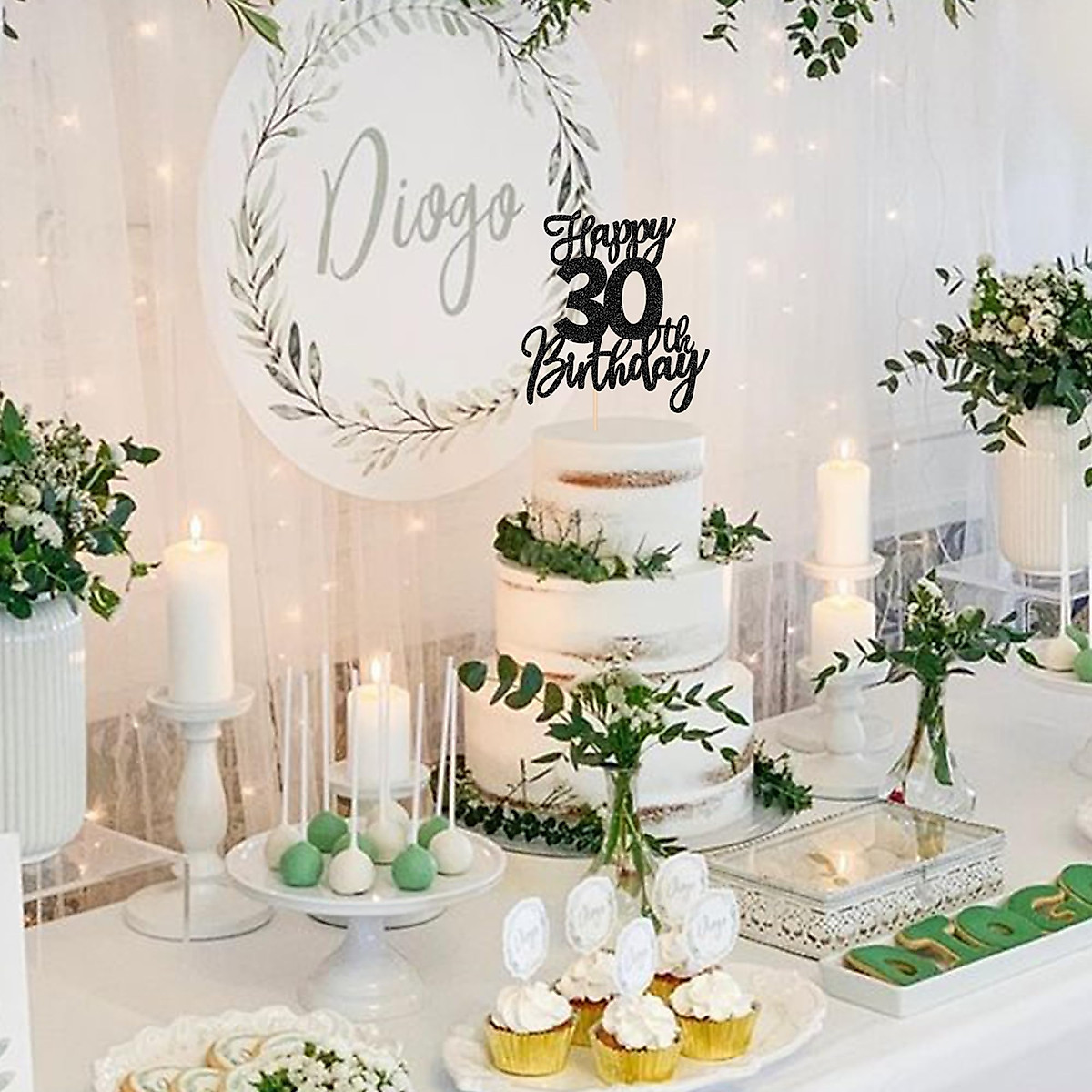 1 PCS Happy 30th Birthday Cake Topper Glitter Cheers to 30 Years Birthday Cake Pick Thirty Hello 30 Fabulous Cake Decoration for Happy 30th Birthday Anniversary Party Decorations Supplies Black