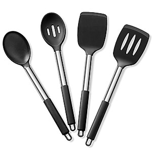 E-far Cooking Utensils Set of 4, Silicone Kitchen Utensils for Non-stick Cookware, Heat Resistant & Non-toxic Slotted Spatula Solid Spoon Turner for Flipping Mixing Serving Basting(Black)