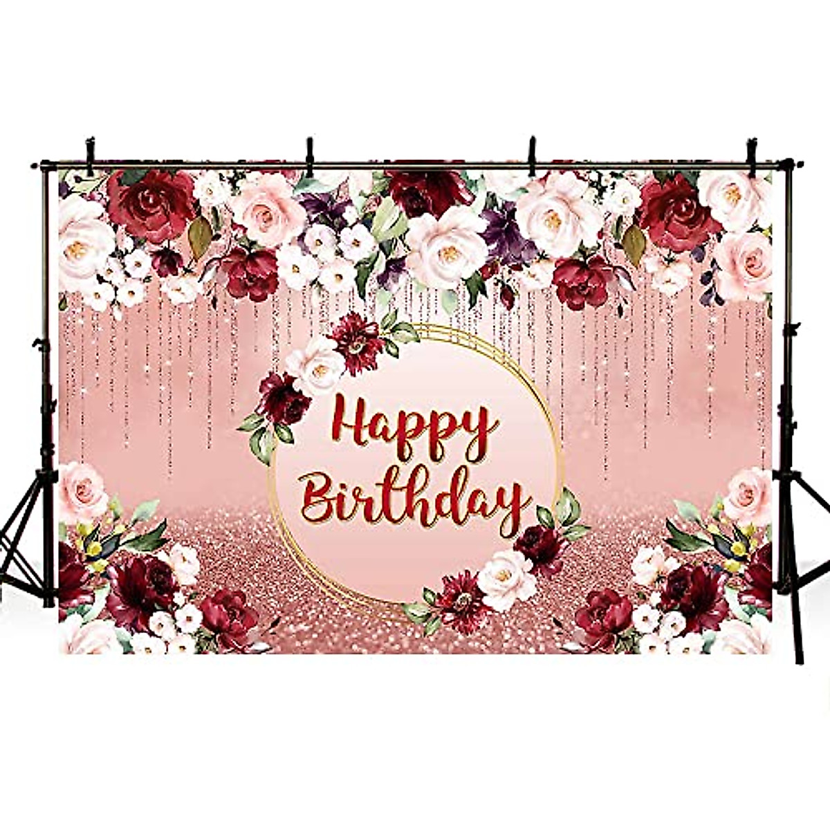 AIBIIN 7x5ft Burgundy Floral Happy Birthday Backdrop Rose Gold Glitter Bokeh Pink Burgundy Floral Photography Background Women Lady Girl 16th Bday Party Decorations Banner Supplies Photo Booth Props