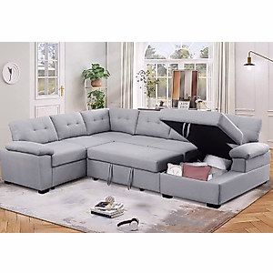 Sleeper Sofa Pull Out Couch with Storage, Modular Sectional Sofa Bed with Chaise Lounge, Modern Comfy 6 Seater U Shape Couch Bed for Living Room, Apartment, Home Office(Grey)