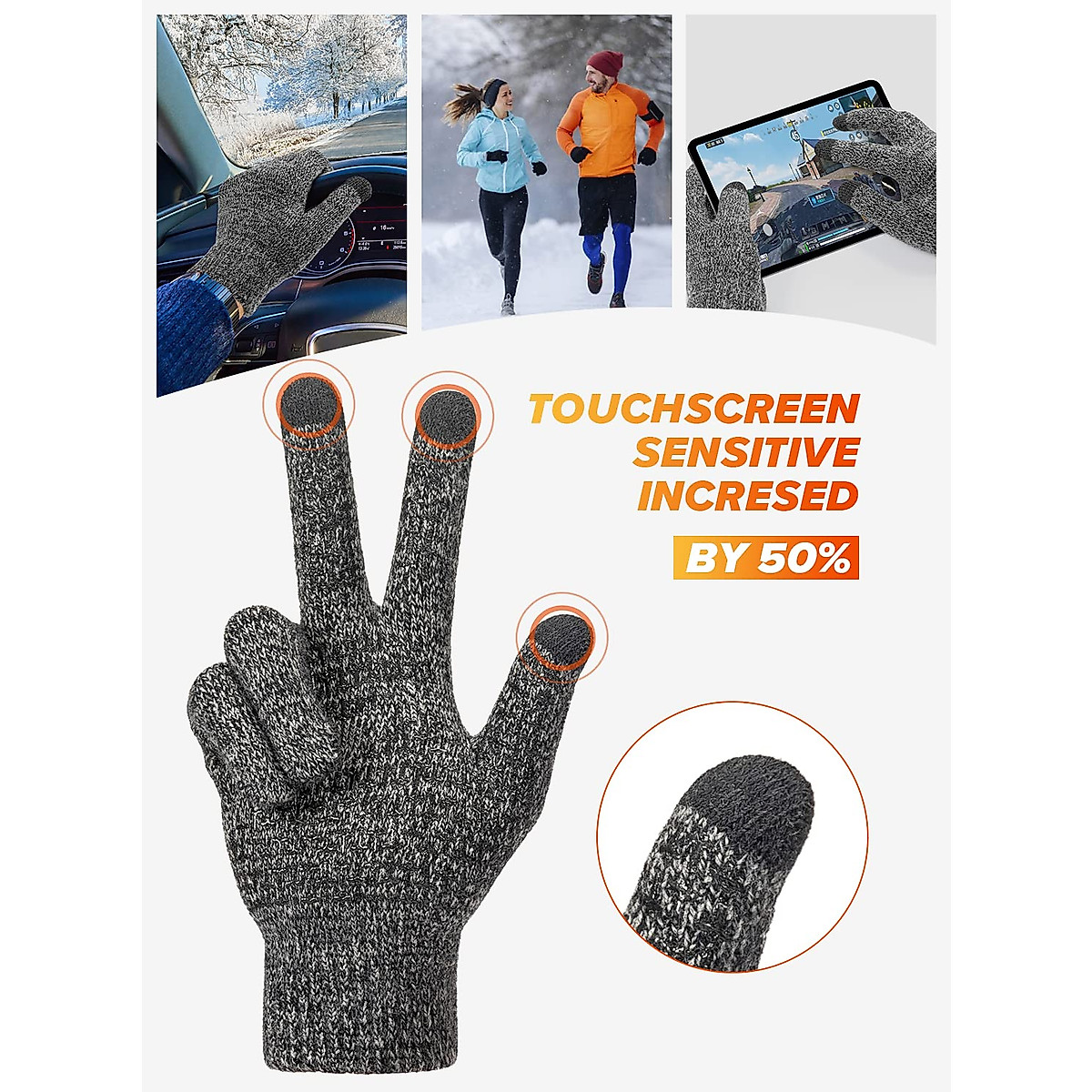 TRENDOUX Winter Gloves Women Men, Touchscreen Glove, Texting Smartphone Riding - Anti-Slip - Thermal Liners - Knitted Soft Material - Hands Warm Glove for Driving - Black Gray - L
