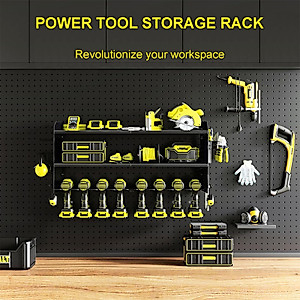 Jofuas Power Tool Organizer Wall-Mounted Metal Tool Rack for 8 Drill Bits with 2 Side Pegboards, Garage Organizing Storage Shelf with Screwdriver Holder/Plier Holder/Hammer Holder.
