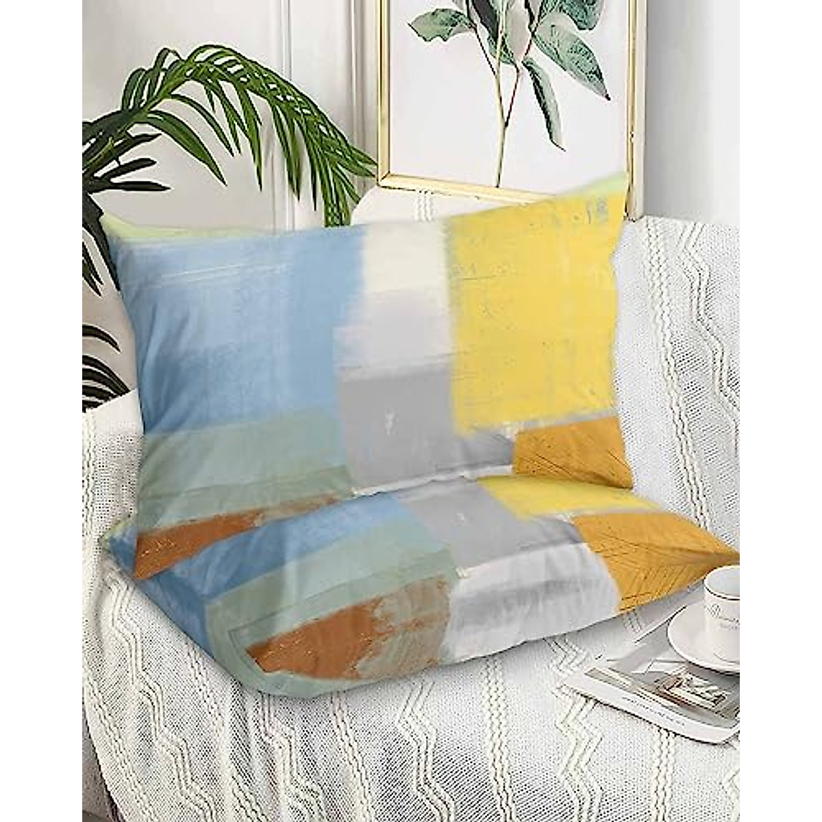 Edwiinsa Blue Yellow Pillow Covers King Standard Set of 2 20x36 Bed Pillow, Orange Oil Painting Modern Abstract Geometric Plush Soft Comfort for Hair/Skin Cooling Pillowcases with Envelop Closure