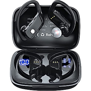 Caymuller Wireless Earbuds Bluetooth Headphones 48Hrs Play Back Sports Earphones with LED Display Over-Ear Buds Built in Mic in Ear Waterproof Headset for Workout Gaming Running