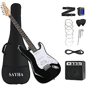 SAYHA Electric Guitar, 39 Inch Solid Full-size Electric Guitar HSS Pickups Starter Kit Includes Amplifier, Bag, Digital Tuner, Strap, String, Cable, Picks（Black）