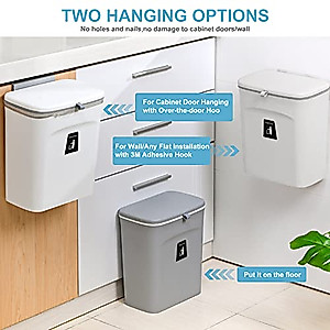 Hanging Small Trash Can with Lid for Counter Top or Under Sink, 2.4 Gallon Kitchen Compost Bin Garbage Can for Cupboard/Bathroom/Bedroom/Office/Camping, Waste Basket (Grey)