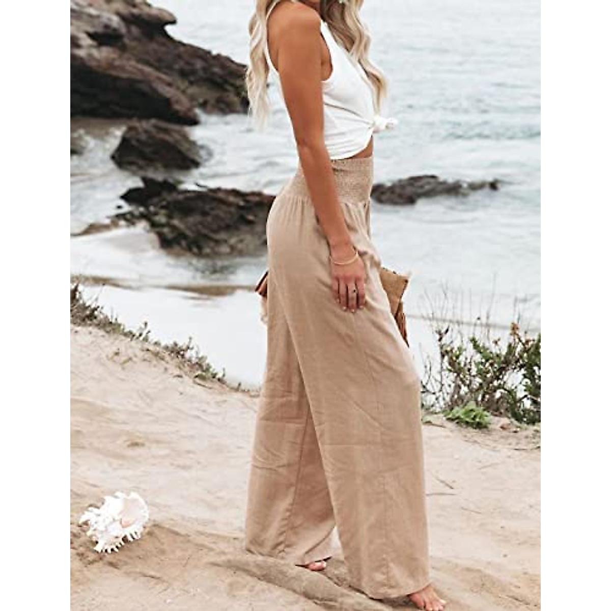 Hooever Women's Summer Linen Pants High Waisted Wide Leg Palazzo Pant Flowy Lounge Trousers (Khaki-S)