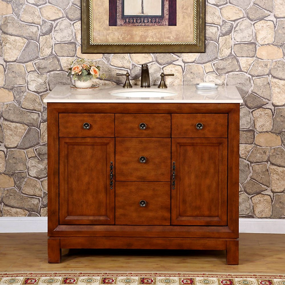 Silkroad Exclusive HYP-0911-CM-UWC-42 Countertop Cream Marble Stone Single Sink Bathroom Vanity with Bath Cabinet, 42", Medium Wood