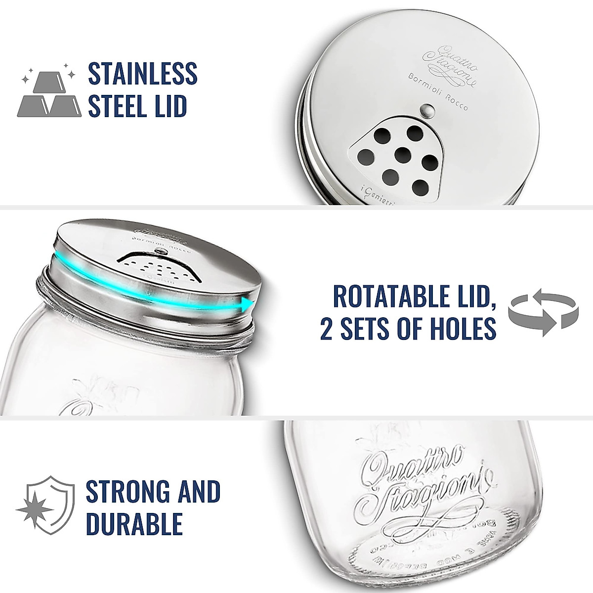 Bormioli Rocco Quattro Stagioni Spice Jar Set - 8.5 Oz, Durable Glass Mason Jars with Multi-Function Rotatable Lids, Stainless Steel Tops for Salt & Pepper - Made in Italy, Glass Spice Jars