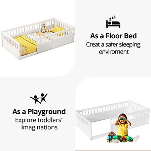 Twin Size Floor Bed with High Fence Rails, Solid Wood Montessori Floor Bed for Baby,Kids Twin Bed Frame for Girls, Boys, Floor Bed Without Slats as Kids Playground,White
