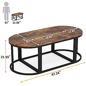 Wood Coffee Table Set: Large 47" Modern Oval Coffee Table for Living Room, Detachable into a Square Table and Small Round End Tables Mid-Century Side Table Couch Table with Storage, Stable Metal Stand
