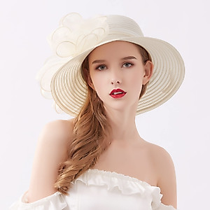Bellady Women Organza Hat Derby Fascinator, Lady Tea Party Wedding Bridal Hat, UV Protection Wide Brim Sun Hats, Beige