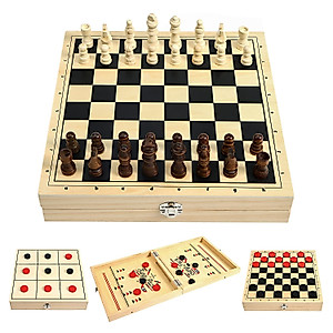 LARGE 4 in 1 Chess Board Set, Sling Puck Game, Checkers, Tic Tac Toe - Wooden Hockey, Table Games for Family Games, Kids, Adults - 59 pc. Set Super Board Games Fast Sling Hockey Table Game