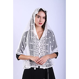 Grettytling Chapel Veil Embroidered Lace Mantilla Church Veil Head Covering Veils for Church Shawl-Scarf Wedding Shawl(White)