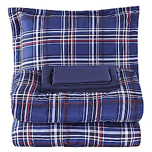 EMME Twin Bed in A Bag 5-Piece, Blue Plaid Twin Comforter Set with Sheets, Brushed Microfiber Down Alternative Bedding Set, Soft and Comfortable Bed Set for All Season (Twin/Twin XL, Blue Plaid)