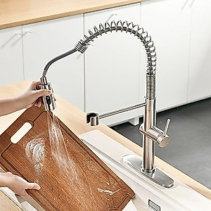 OWOFAN Pull Out Kitchen Faucet Low Lead Commercial Single Handle Pull Down Sprayer Spring Kitchen Sink Faucet Brushed Nickel Kitchen Faucets with Deck Plate 866055SN