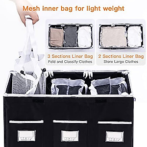 TECHMILLY 3 Section Large Laundry Basket, 140L Laundry Hamper with Lid，Waterproof Durable Clothes Hamper with 4 Removable Bags and 3 labels for Bathroom, Bedroom, Dorm, (Black)