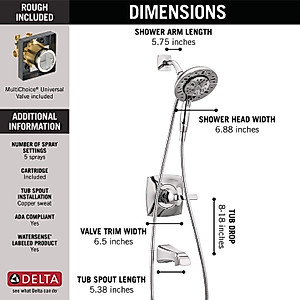 Delta Faucet Vesna 14 Series Single-Handle Shower Trim Kit with 5-Spray H2Okinetic In2ition Dual Hand Held Shower Head with Hose, Chrome 144789-I (Valve Included)