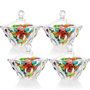 ZENFUN 4 Pack Glass Candy Dish with Lid, 4.5'' Crystal Faceted Candy Jar Clear Covered Candy Bowl, Decorative Food Storage Container for Buffet, Party, Home Office, Birthday Gift