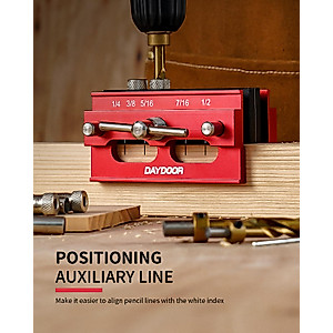 DAYDOOR Self Centering Doweling Jig, Adjustable Width Dowel Jig for Straight Holes, Biscuit Joiner Set with 6 Bushings and 3 Drill Bits(Red)