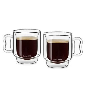 ovalware RJ3 Espresso Coffee Glass Cups 4oz/120ml (Set of 2) Double Walled Glass Cup w/Solid Butterfly Handle- Elegant Borosilicate Espresso Shot Mug - Stackable Insulated Transparent Demitasse Glass